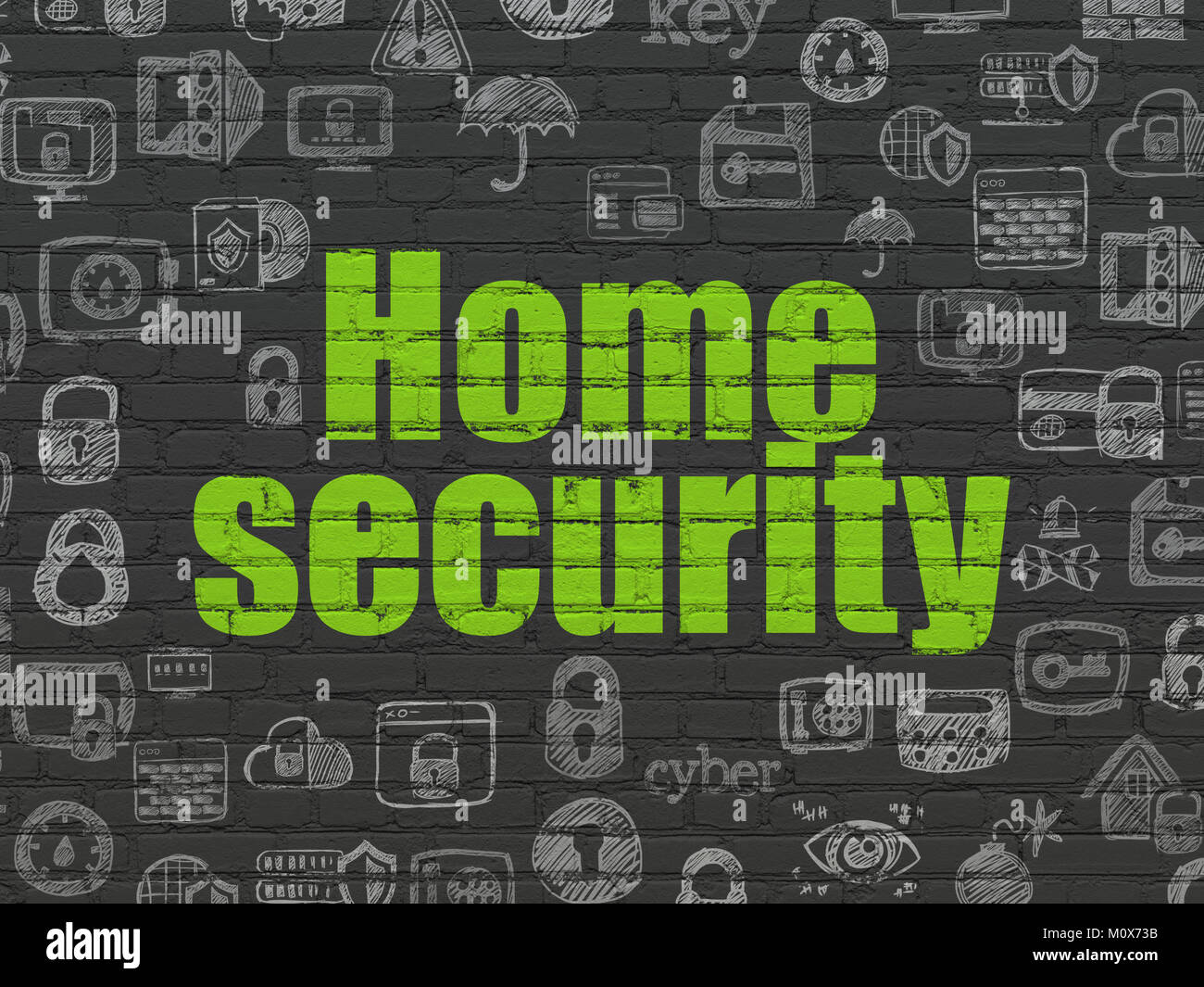Security concept: Painted green text Home Security on Black Brick wall ...