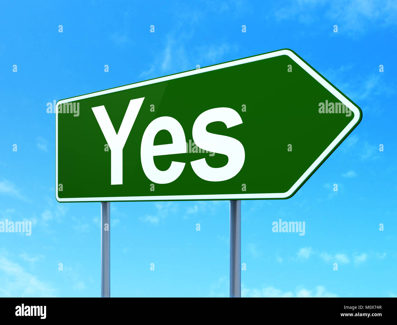 Finance concept: Yes on green road highway sign, clear blue sky ...