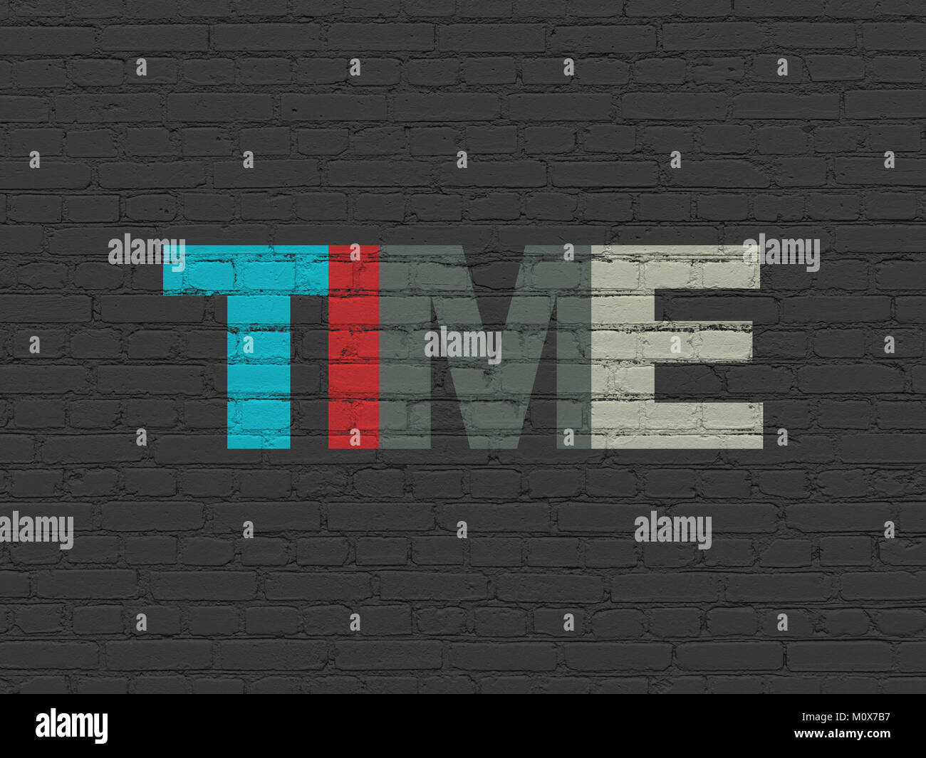 Time concept: Painted multicolor text Time on Black Brick wall ...