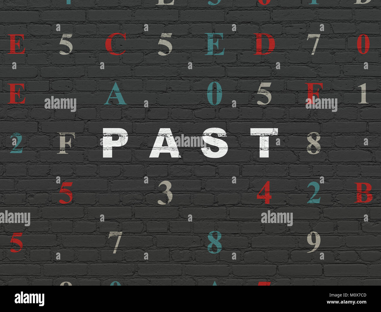 Time concept: Painted white text Past on Black Brick wall background with Hexadecimal Code Stock ...