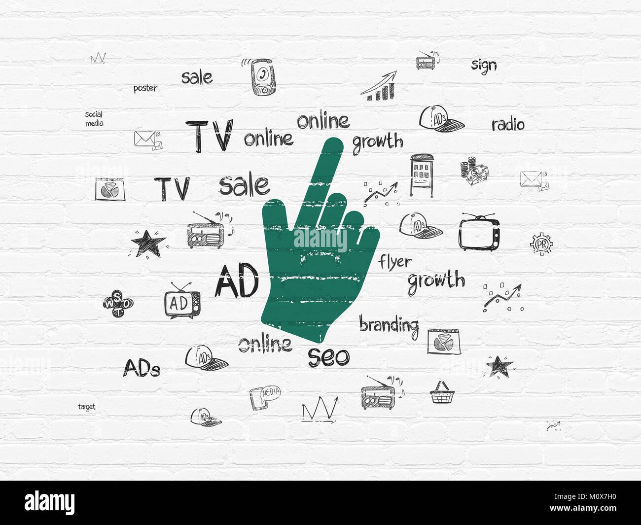 Marketing concept: Painted green Mouse Cursor icon on White Brick wall ...