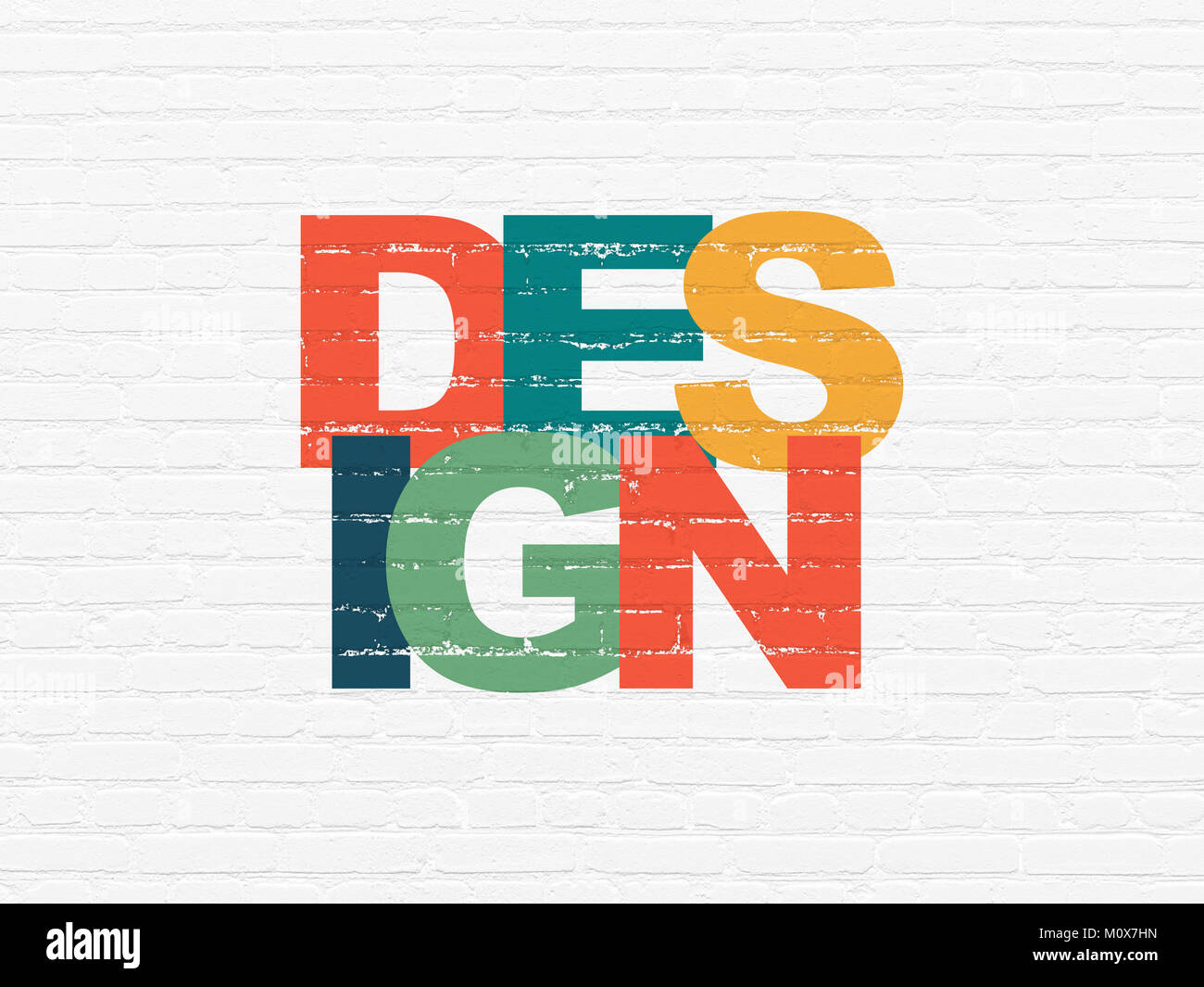 Marketing concept: Painted multicolor text Design on White Brick wall ...