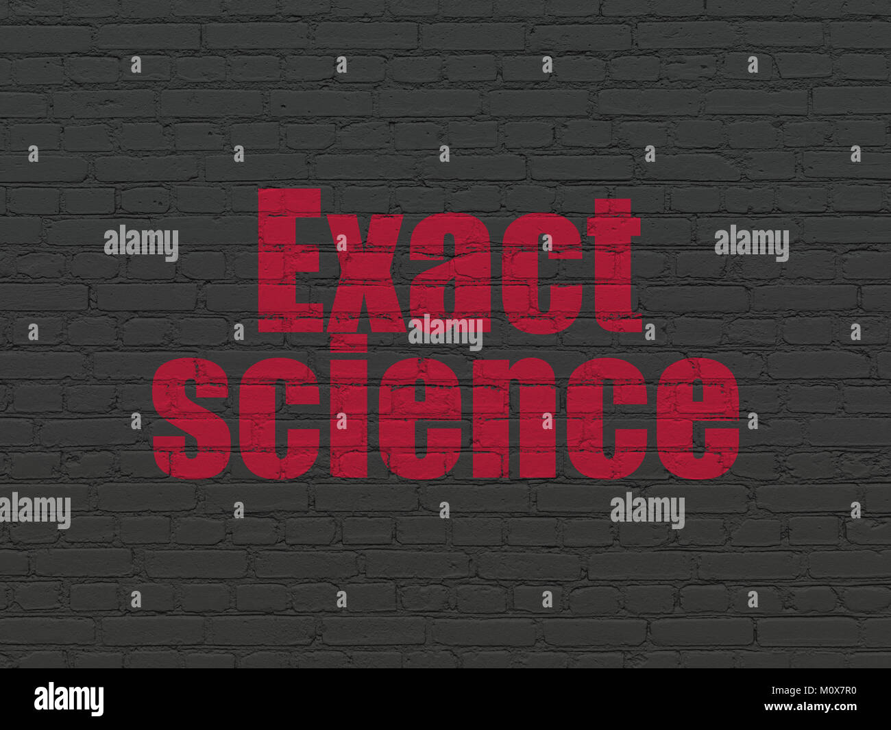 Science concept: Painted red text Exact Science on Black Brick wall ...