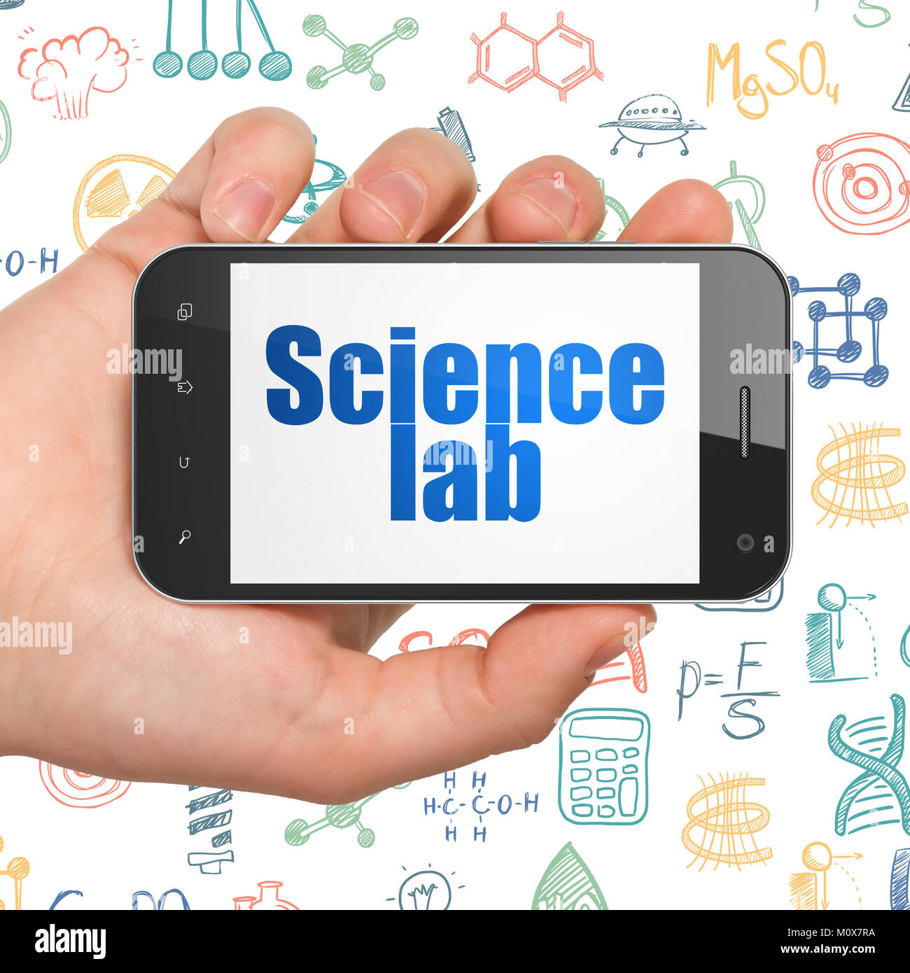 Science concept: Hand Holding Smartphone with blue text Science Lab on ...