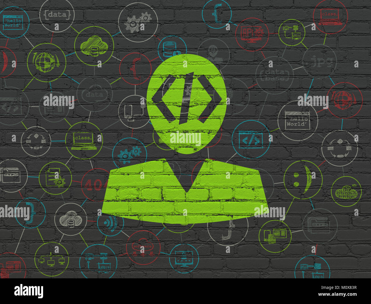 Software concept: Painted green Programmer icon on Black Brick wall ...