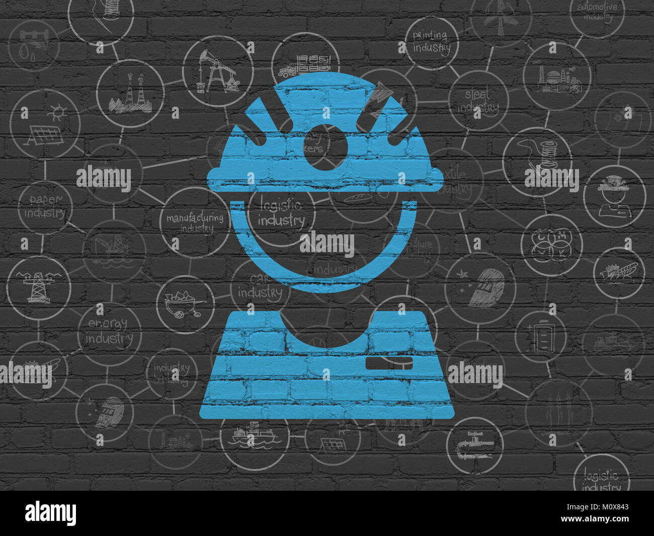 Industry concept: Painted blue Factory Worker icon on Black Brick wall ...