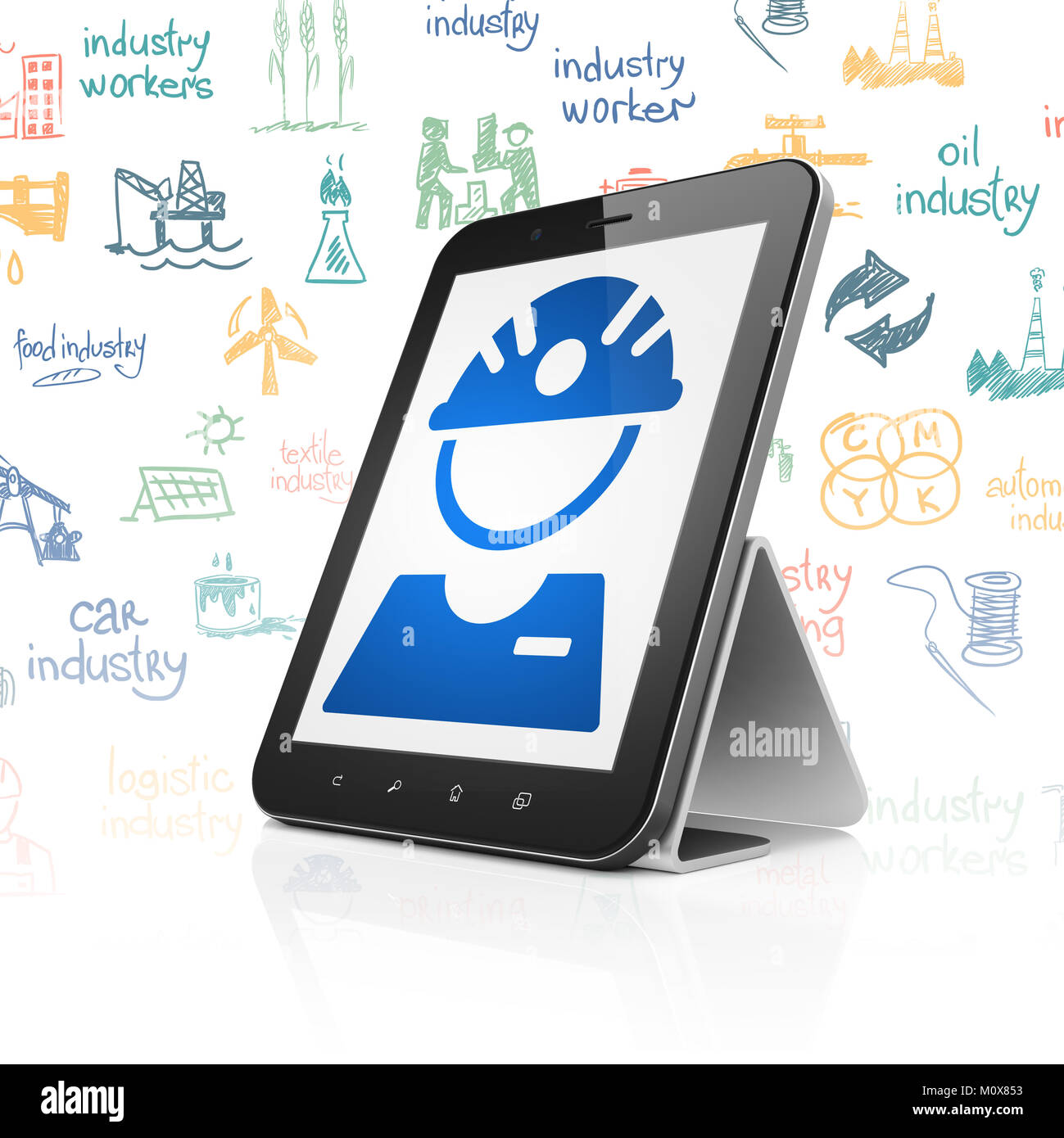 Manufacuring concept: Tablet Computer with blue Factory Worker icon on ...