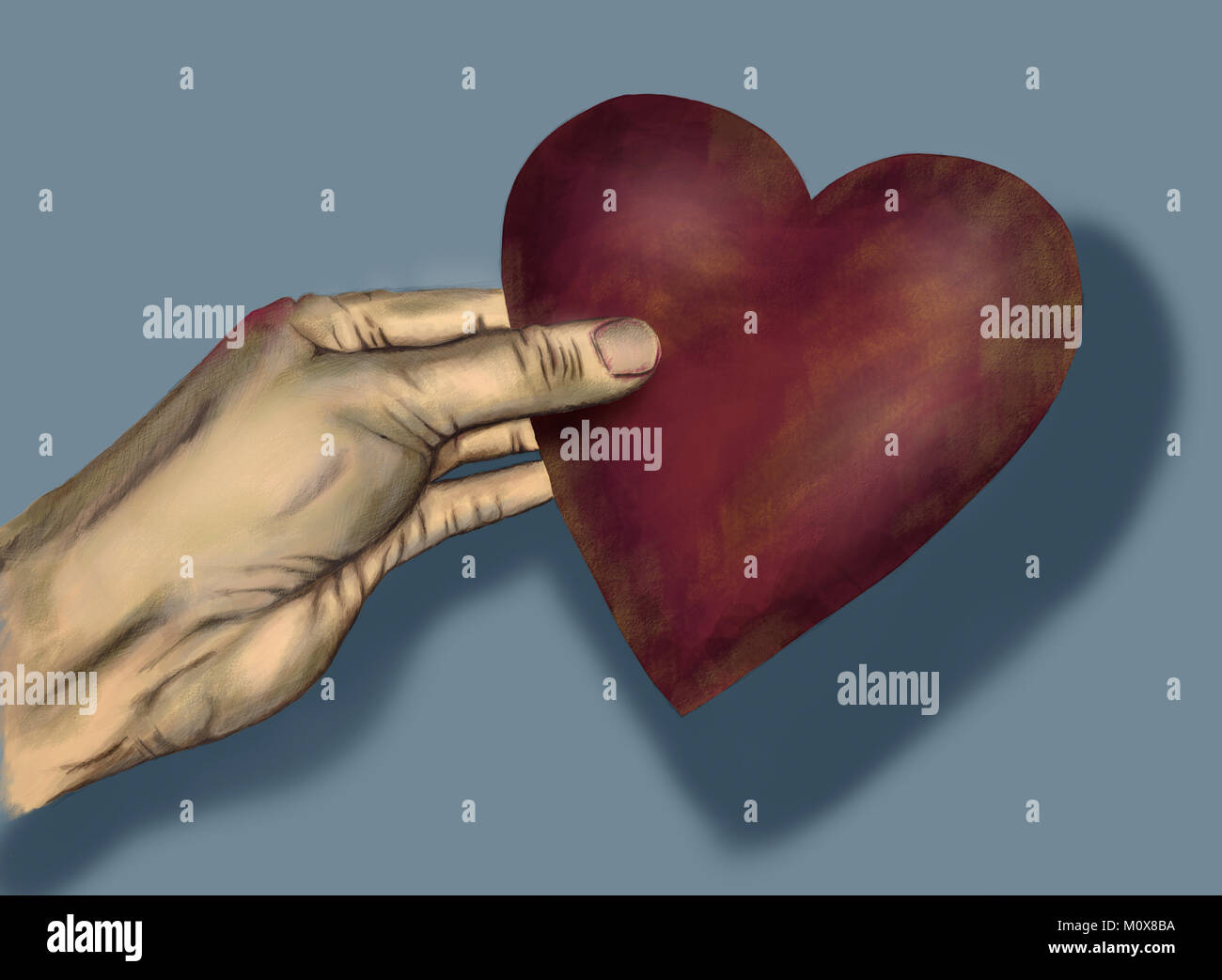 realistic hand drawn illustration of a hand holding a heart in digital ...