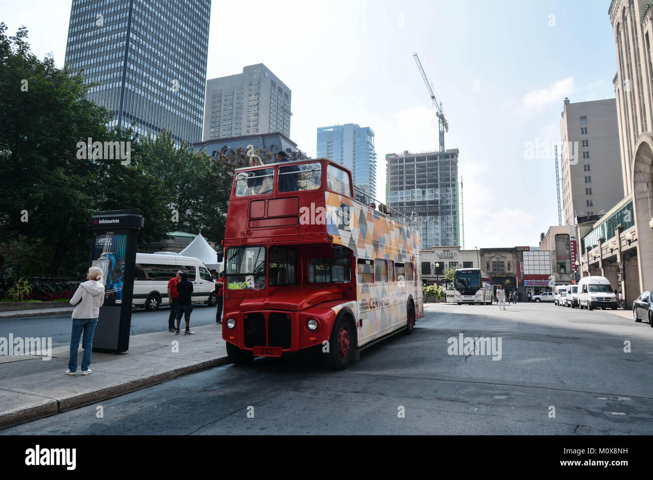 Montreal red double decker bus British English Red bus stop offices ...