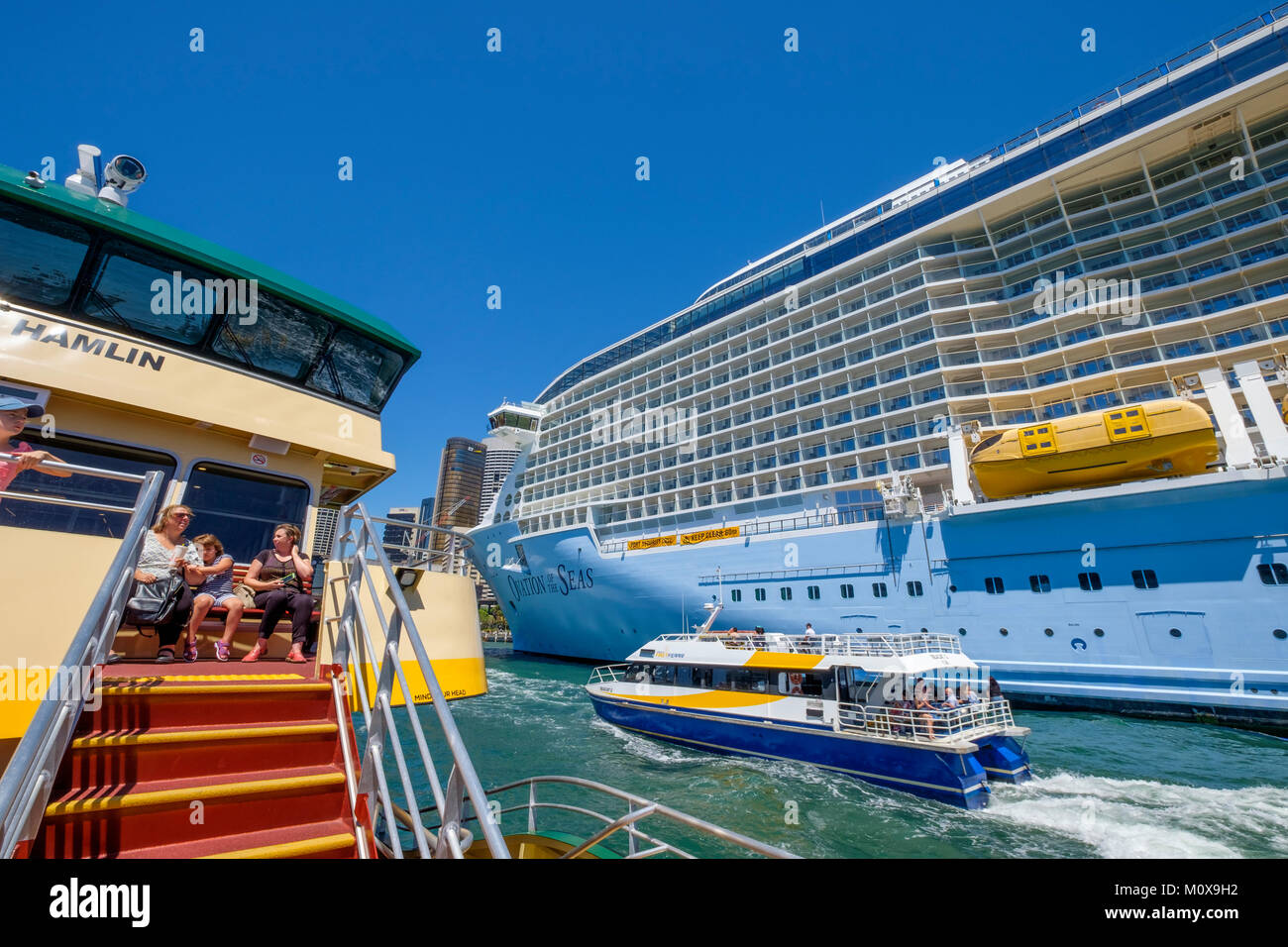 Sydney Ferry ride from Circular Quay. Passing Royal Caribbean's Ovation ...