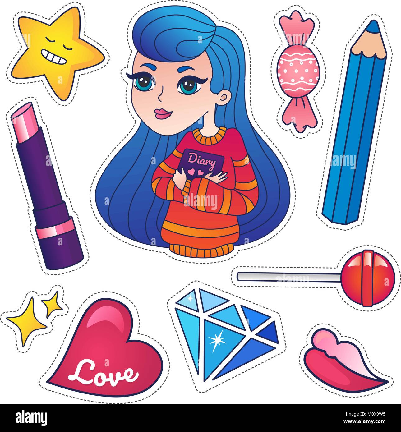 Cute little girl with dairy and many other cute colorful things around ...