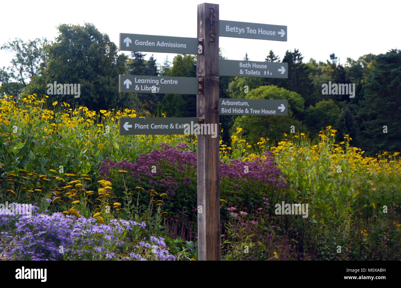 Wooden Signpost in the Gardens at RHS Garden, Harlow Carr, Harrogate ...