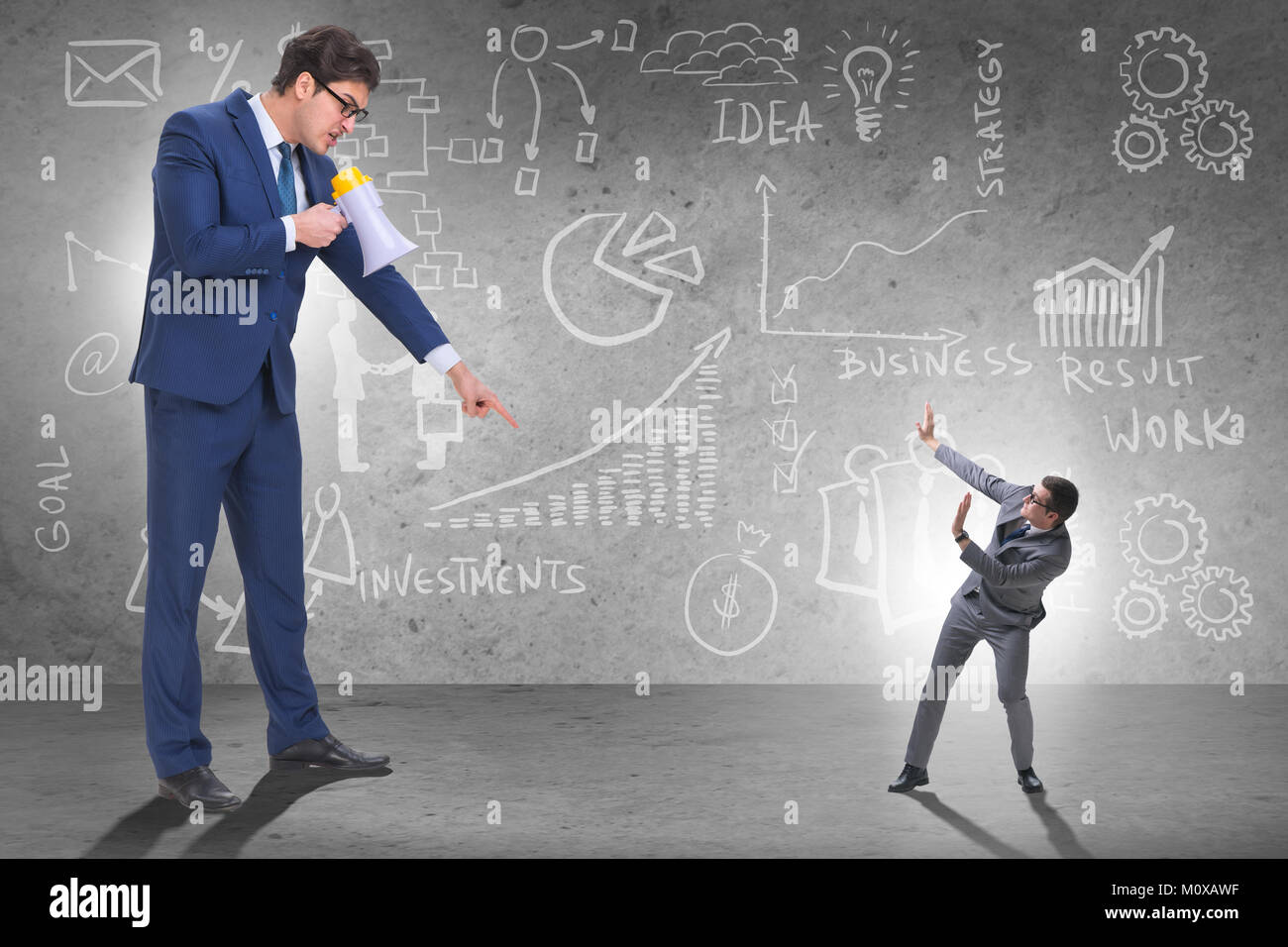 Bad angry boss shouting at employee with loudspeaker Stock Photo - Alamy