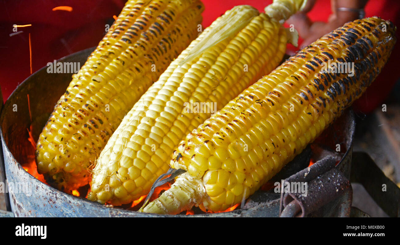 Sweet Corn for sell on a street side shop in India Stock Photo - Alamy