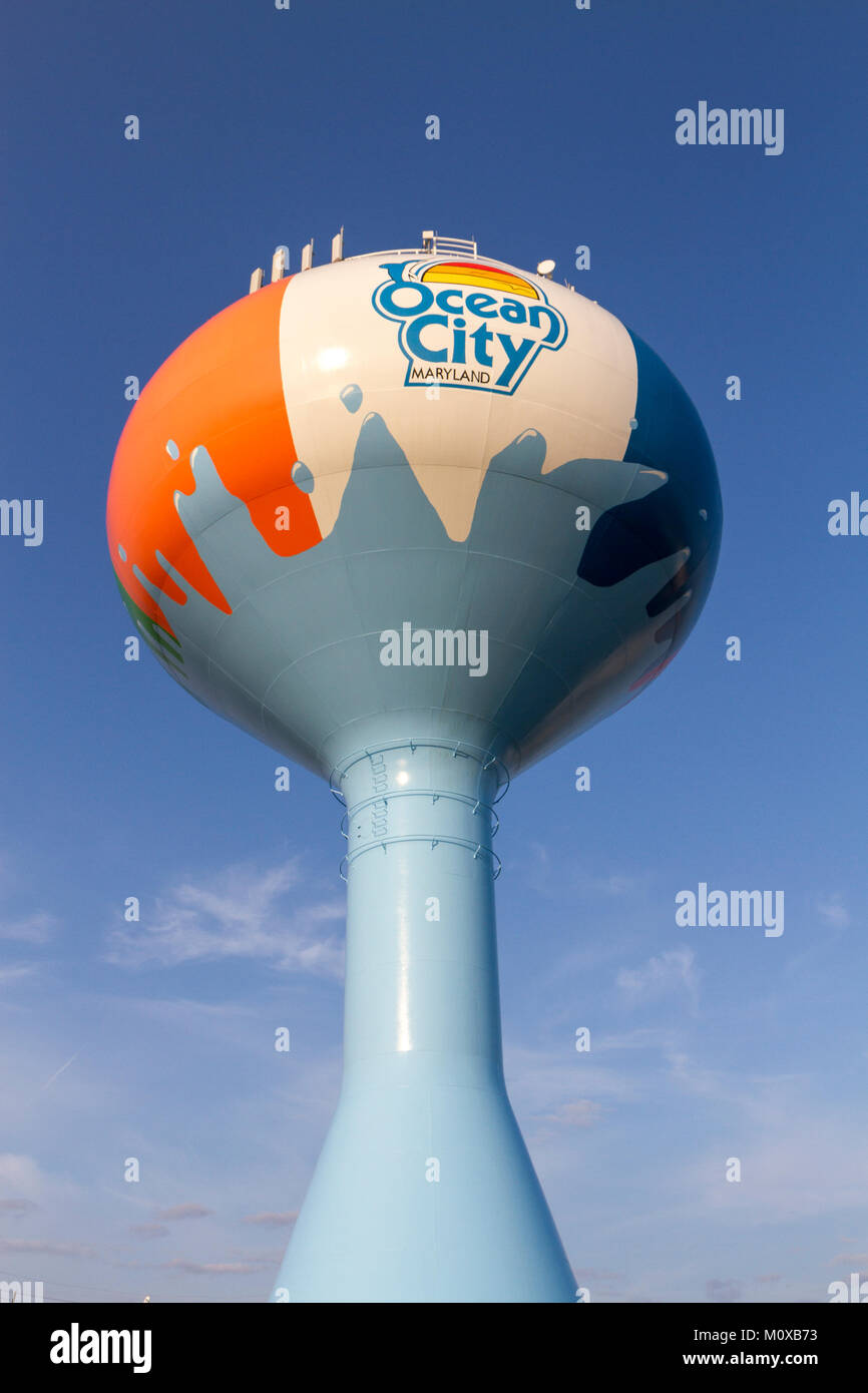 The Ocean City Beach Ball Water Tower against a blue sky, Ocean City ...