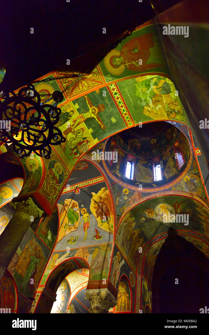 Looking up at ceiling inside Greek Orthodox Church of Panaghia ...