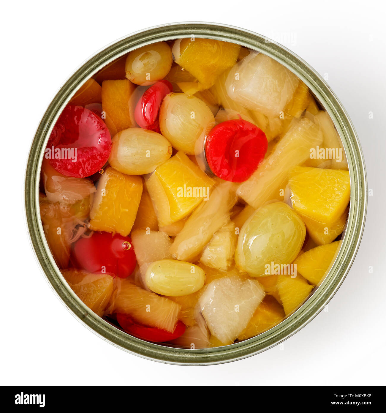 Open can of fruit cocktail isolated on white from above Stock Photo - Alamy