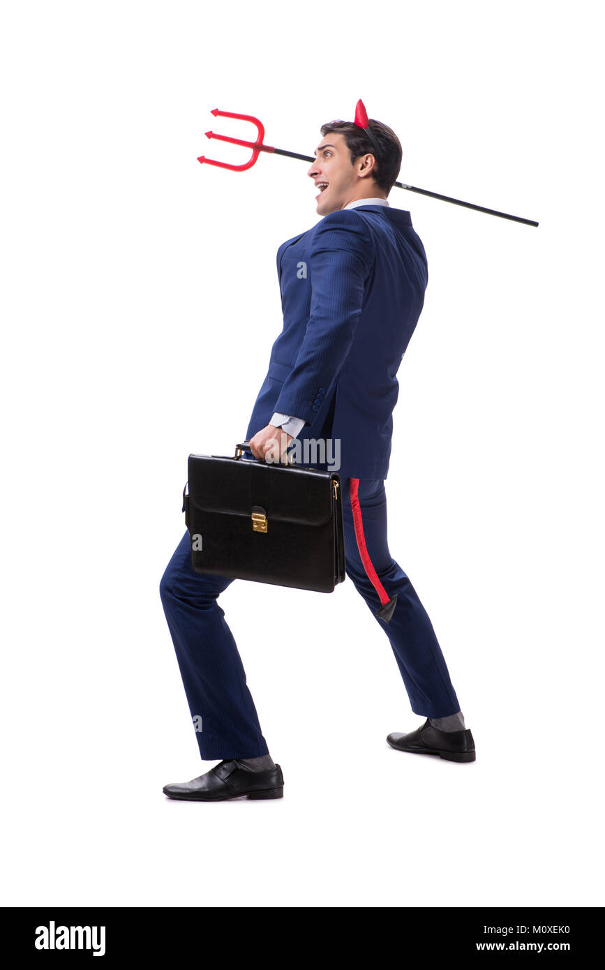 Evil devil businessman with pitchfork isolated on white background ...