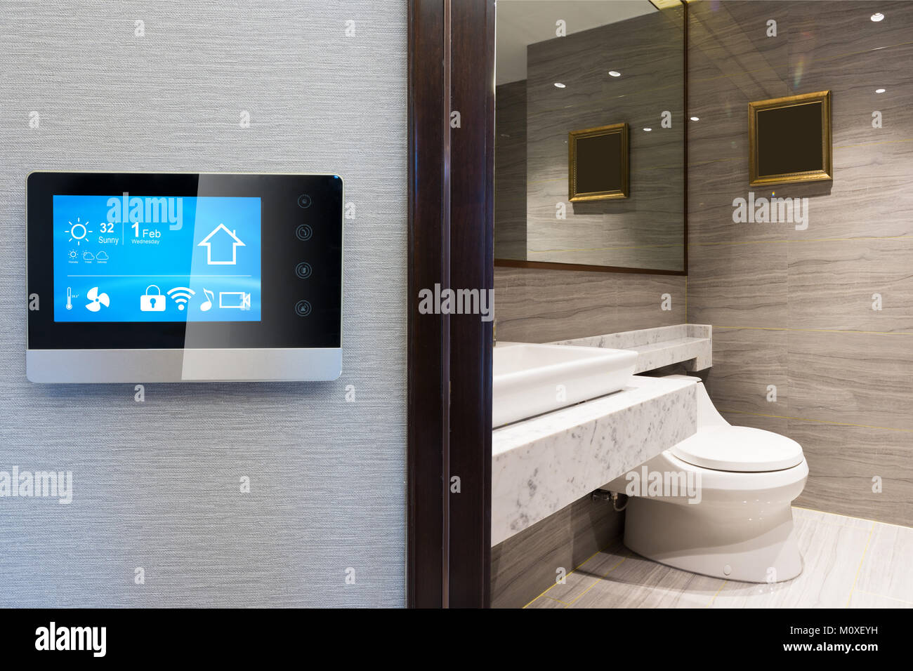 smart screen with smart home and modern bathroom Stock Photo - Alamy