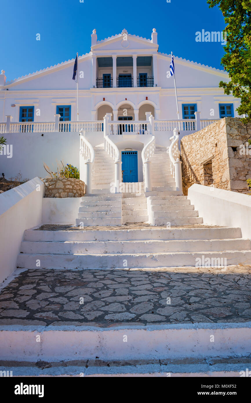 Neoclassical town hall of Nimborio on island of Halki (Greece Stock ...