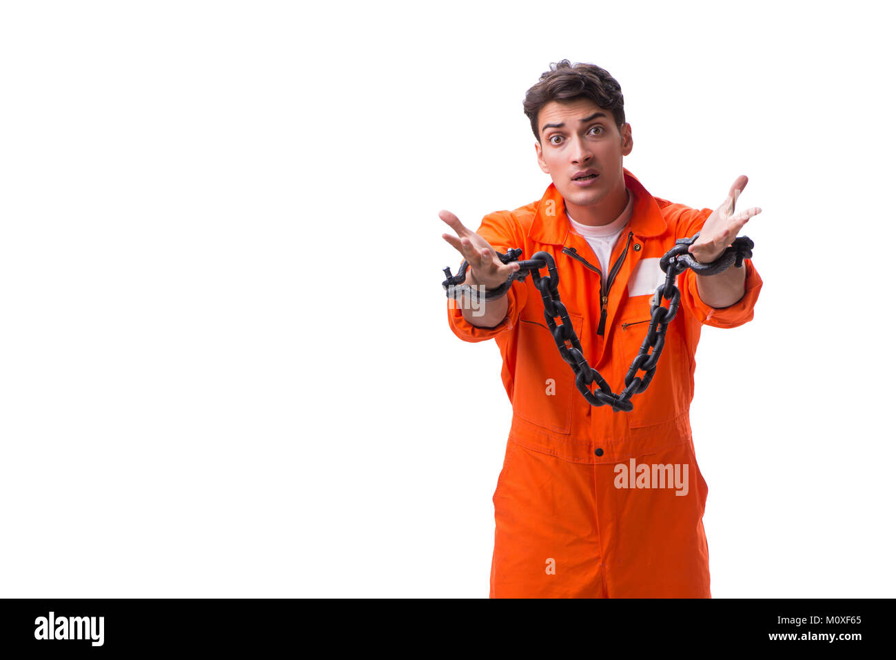Prisoner with his hands chained isolated on white background Stock ...