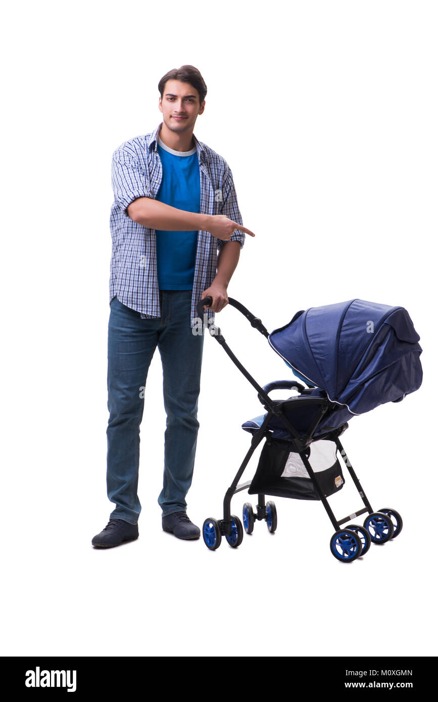 Young dad with child pram isolated on white Stock Photo - Alamy