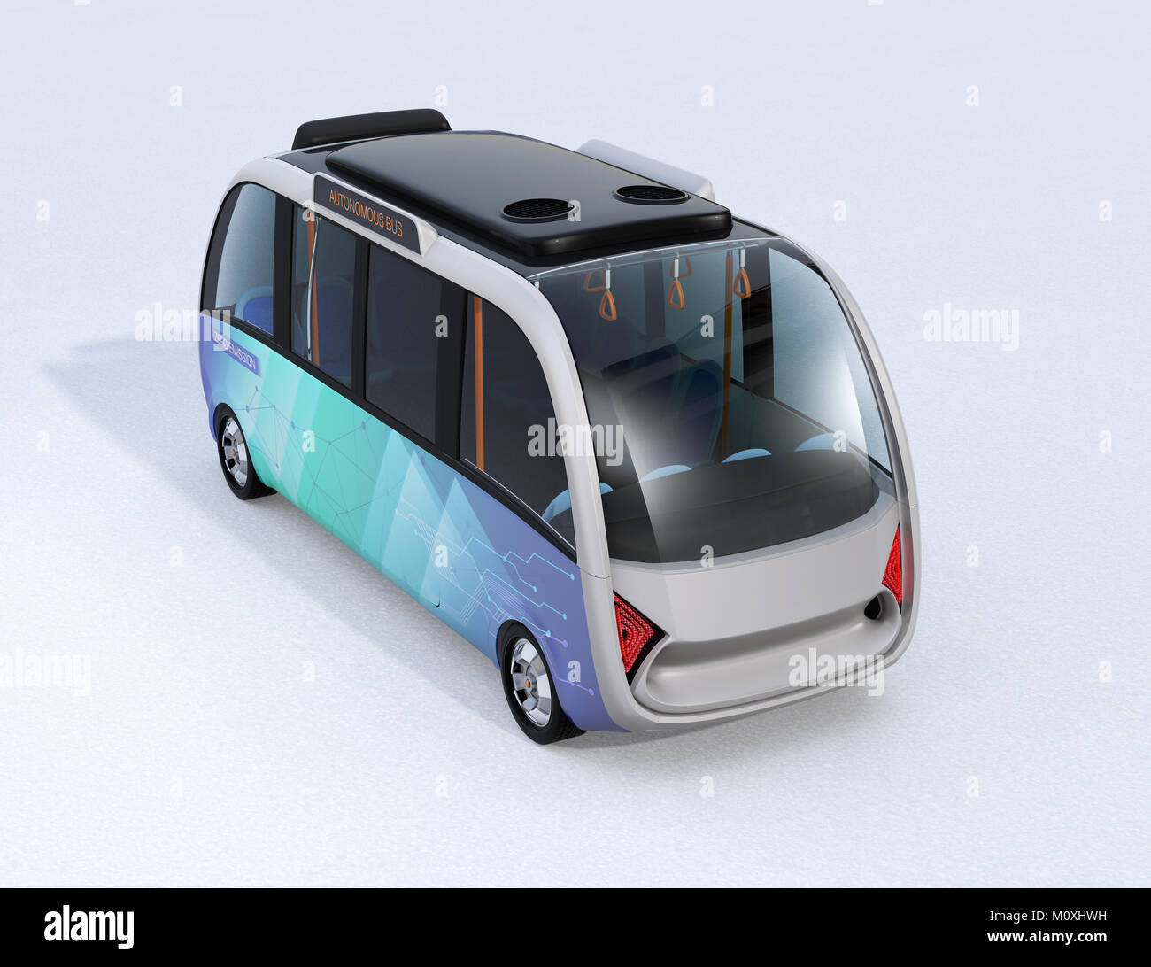 Rear view of autonomous shuttle bus isolated on gray background. 3D ...