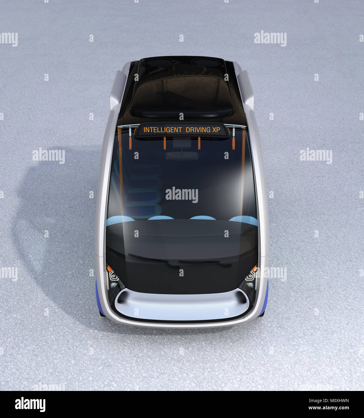 Front view of autonomous shuttle bus waiting at bus station. 3D ...