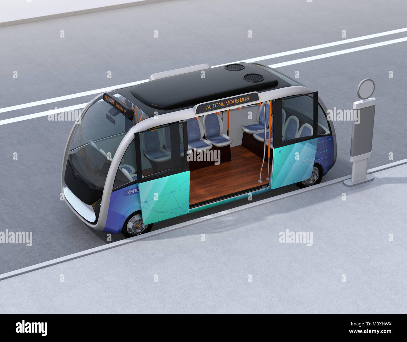 Self-driving shuttle bus waiting at bus station. The bus station ...