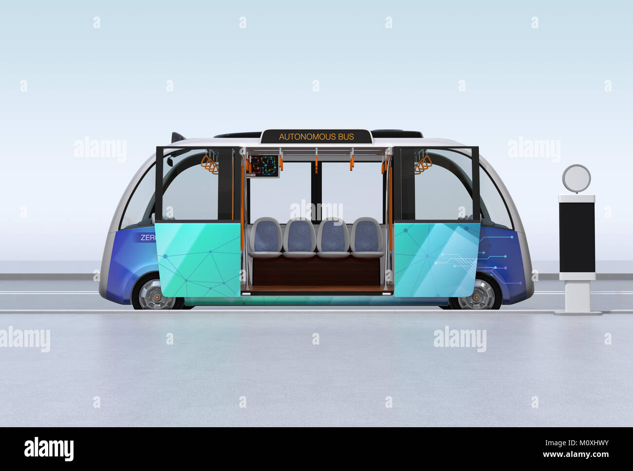 Side view of autonomous shuttle bus waiting at bus station. 3D ...