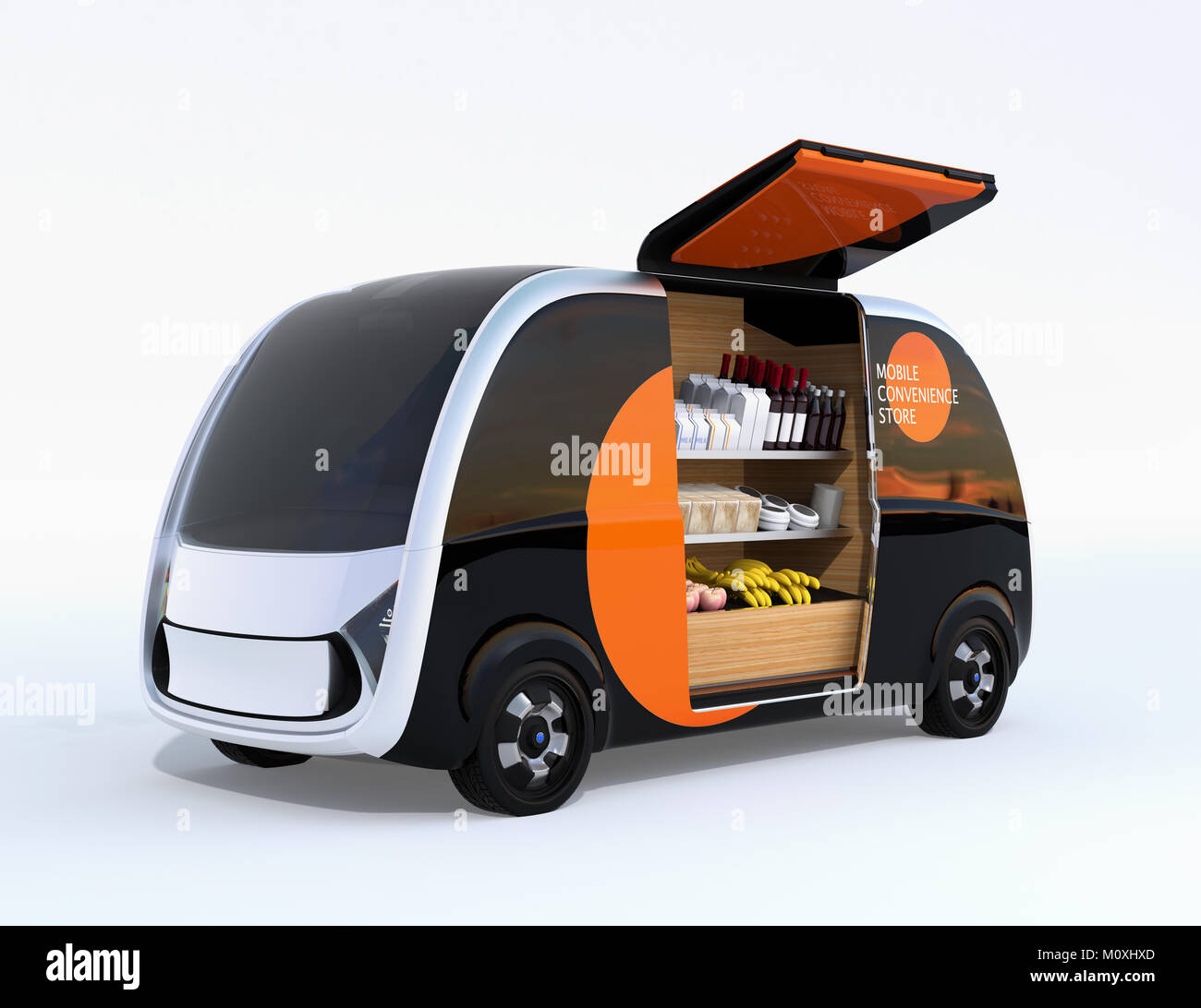 Autonomous vending car with side door opened. The car is equipped with ...