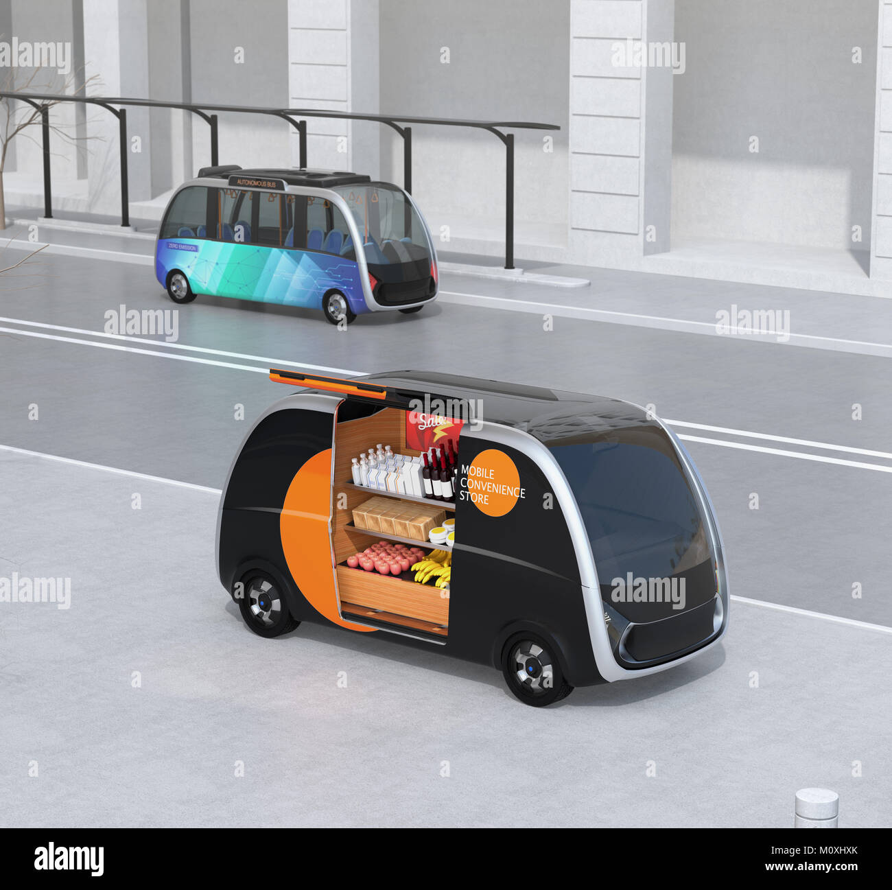 Electric bus and vending car on the street. The car selling grocery ...