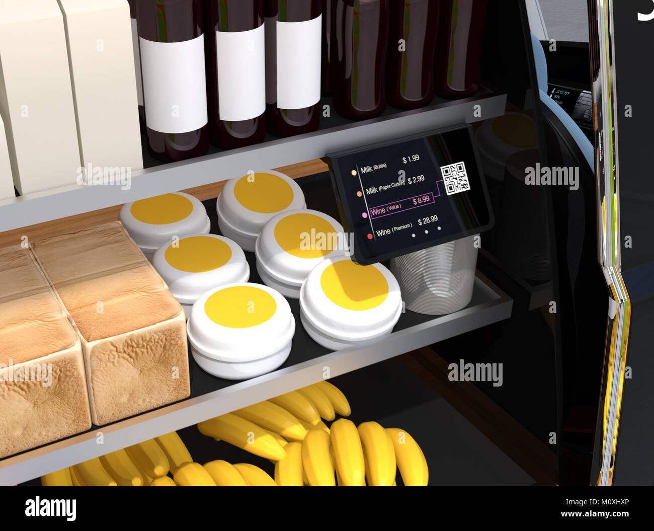 Close-up view of vending car's shelves. Promotion screen, foods, drinks ...