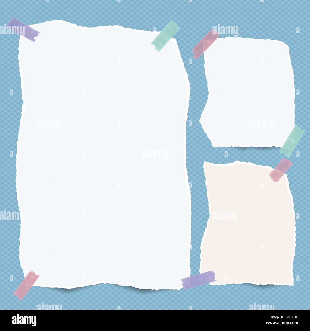 Pieces of torn white note, notebook paper stuck with sticky tape on ...