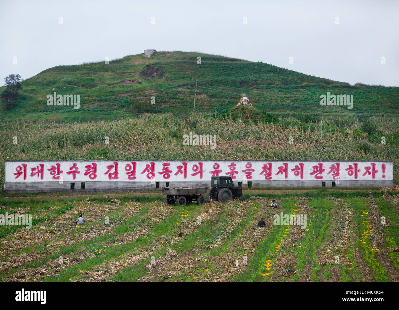 North Korean tractor in front of a propaganda billboard in a farm ...