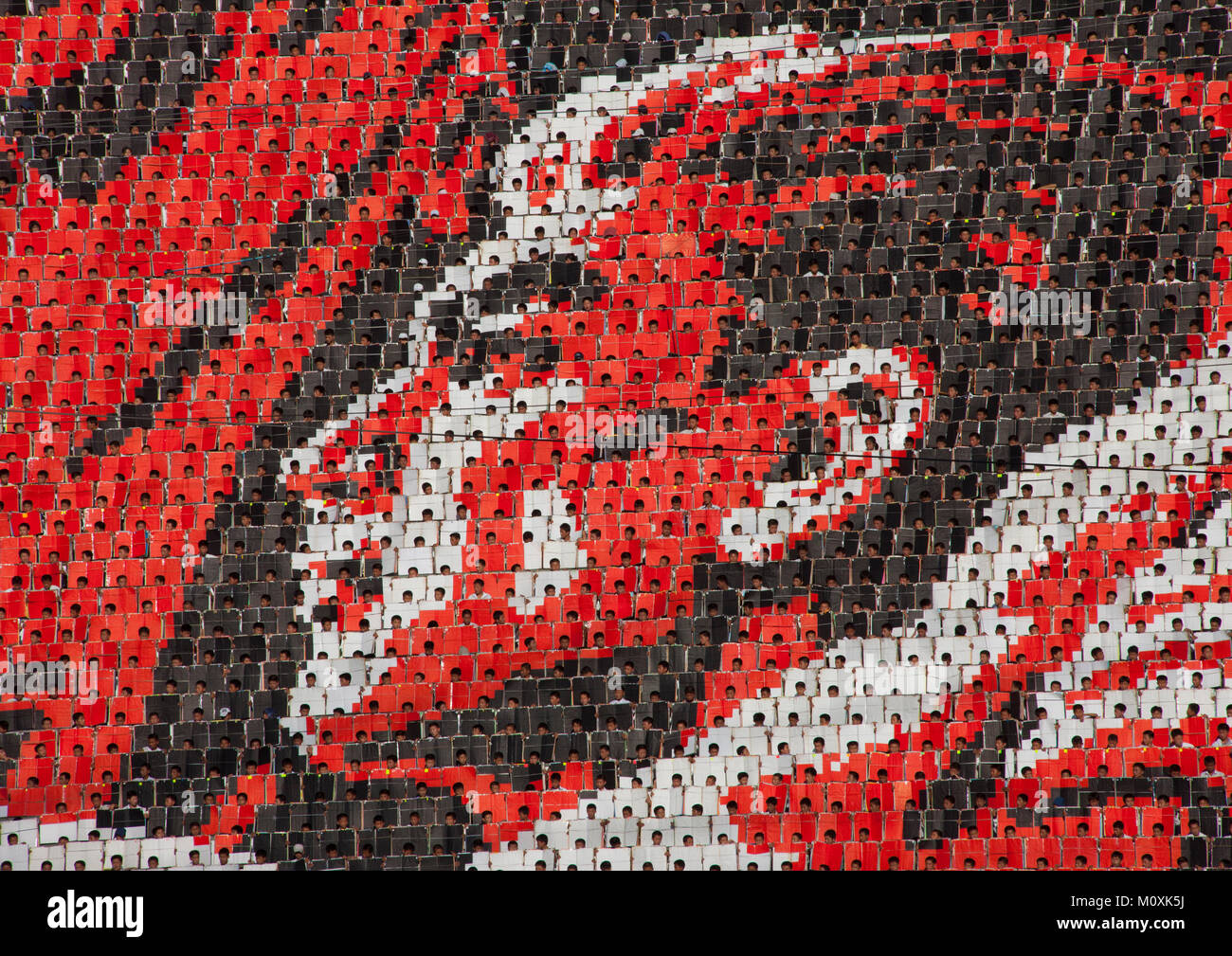 National hero portrait made by human pixels holding up colored boards ...