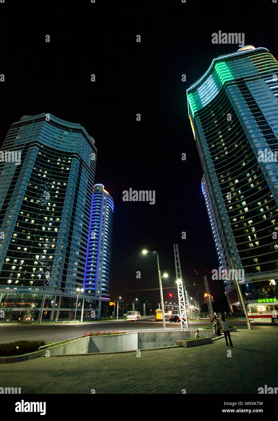 New buildings in Changjon area illuminated in the night, Pyongan ...