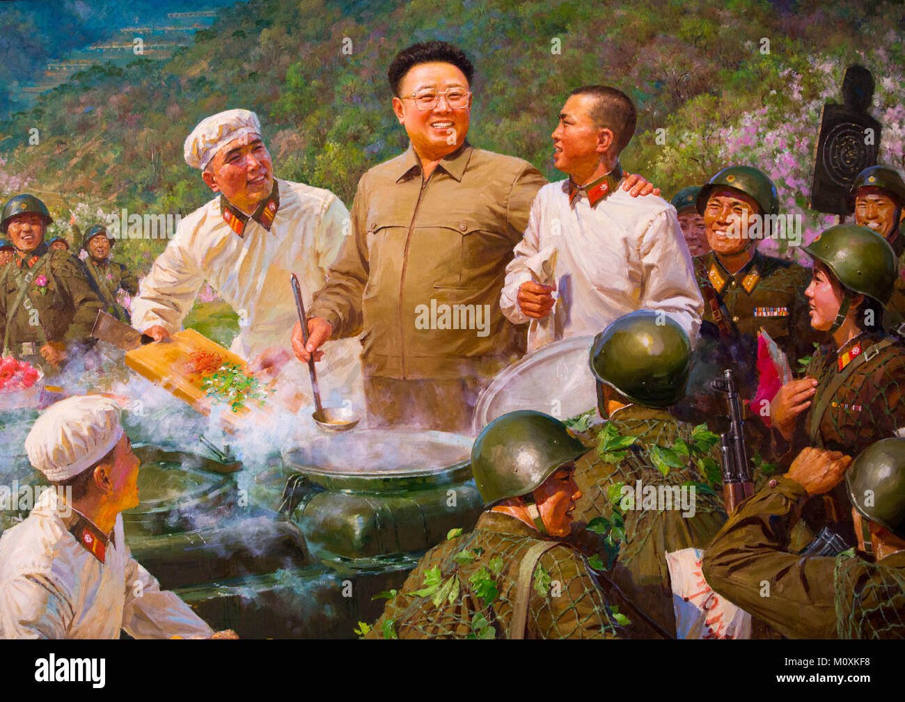 North Korean propaganda painting depicting Kim Jong il sharing a meal ...