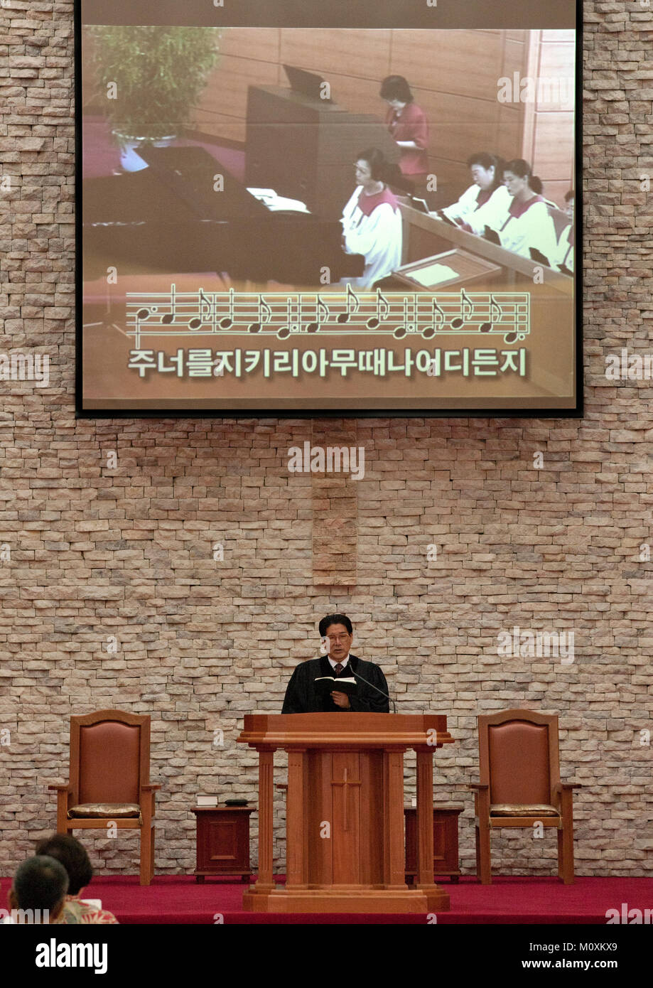 Pastor speaking in protestant Bongsu church, Pyongan Province ...