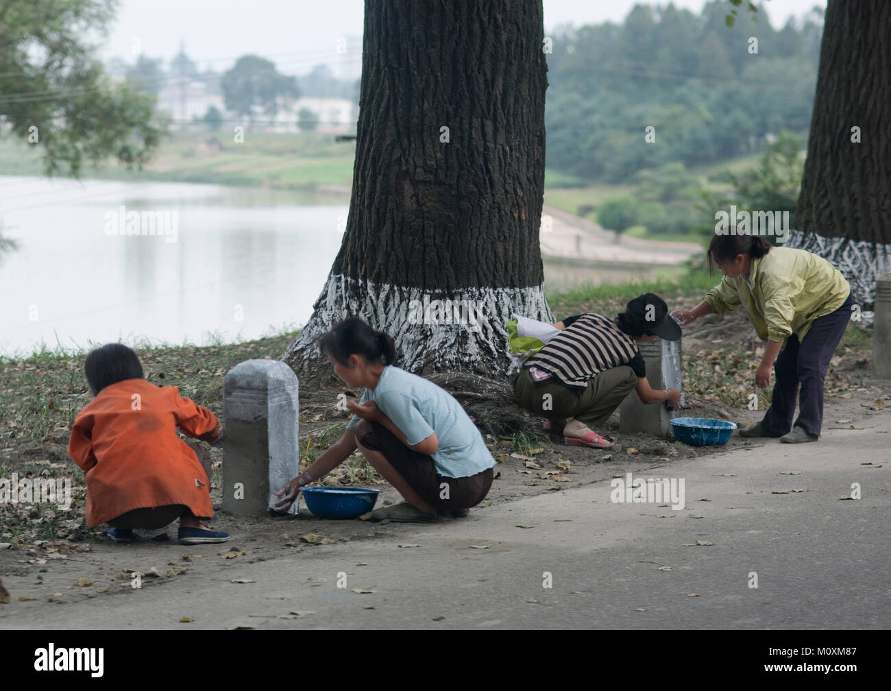 North Korean women cleaning and painting milestones during collective ...