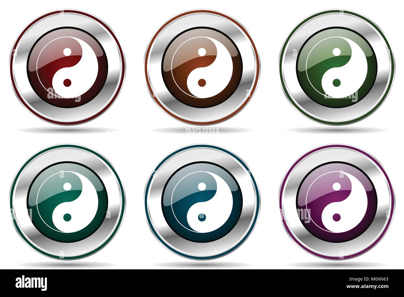 Ying yang vector icon set. Silver metallic chrome border icons for web ...