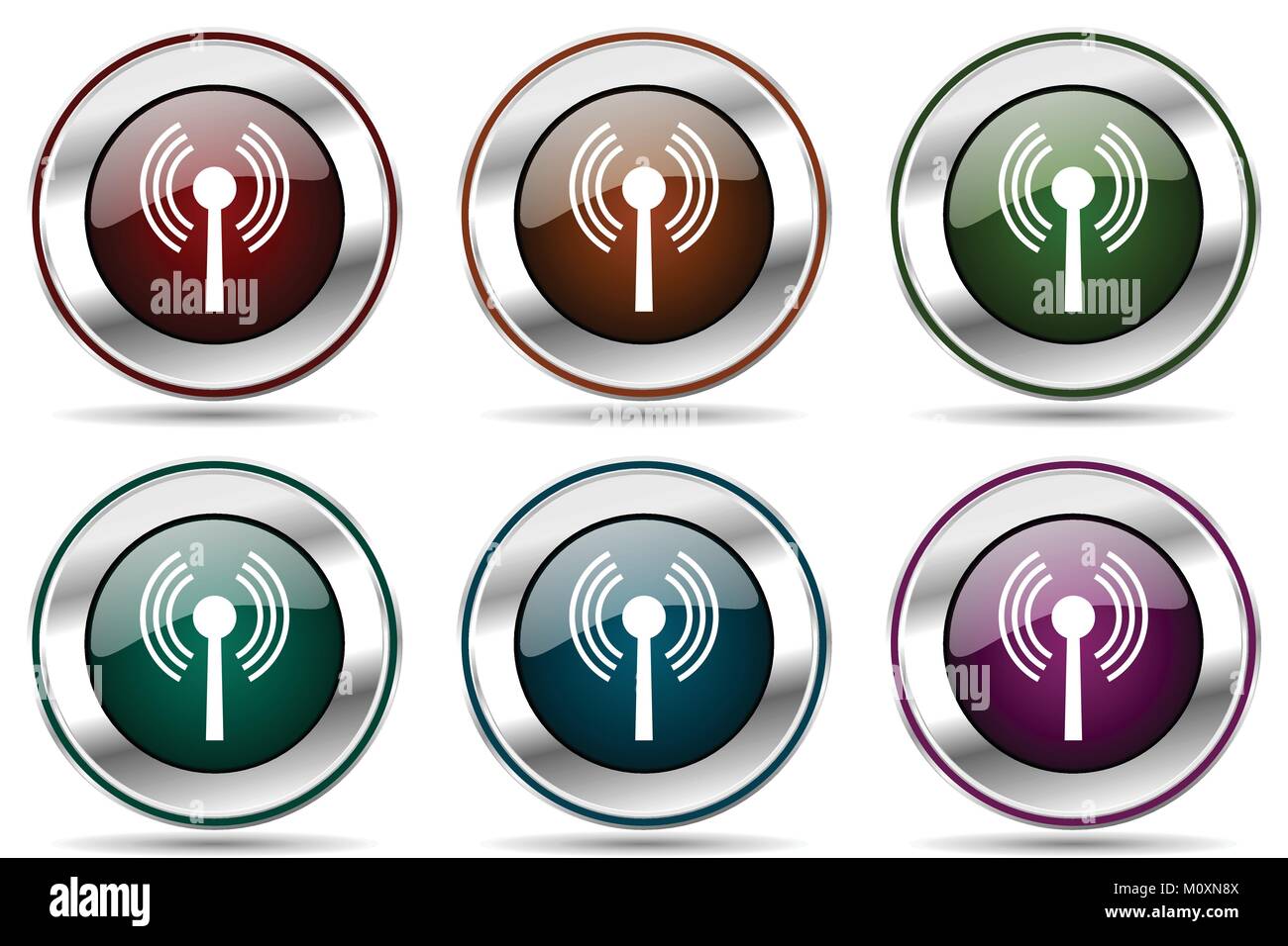 Wifi vector icon set. Silver metallic chrome border icons for web ...