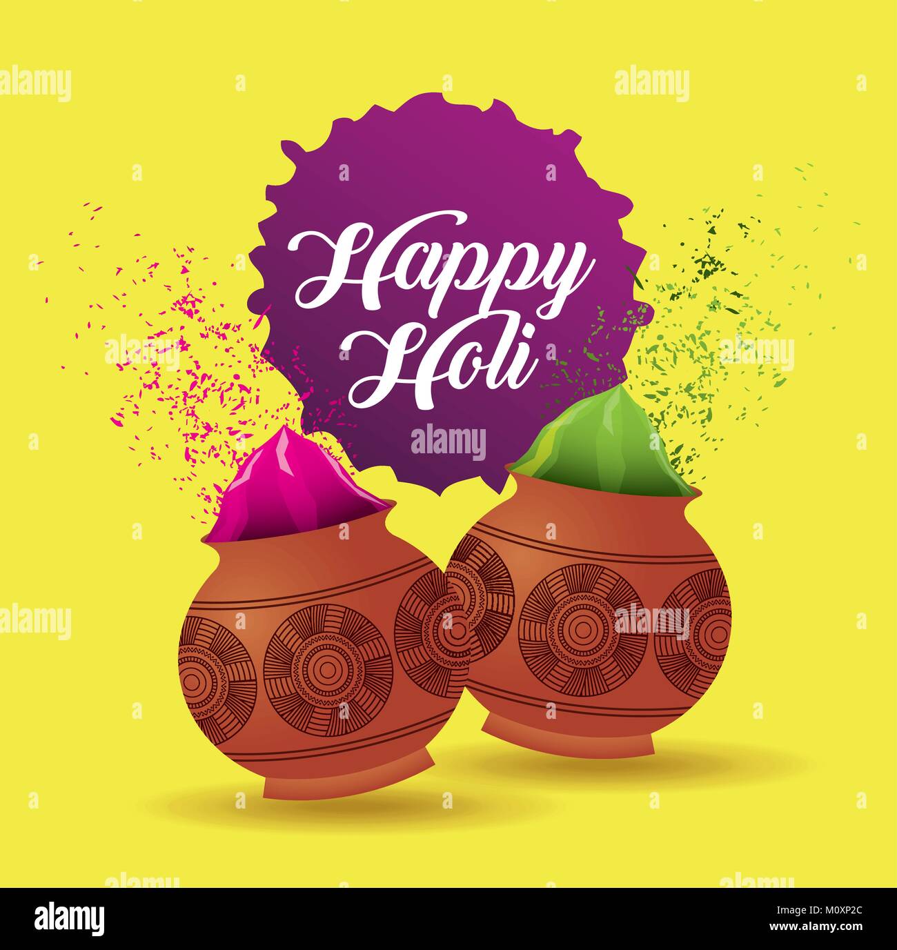 happy holi poster mud pot color filled yellow background Stock Vector ...