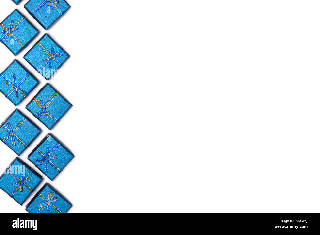 Border of blue shiny gifts isolated on white background. New Year's ...
