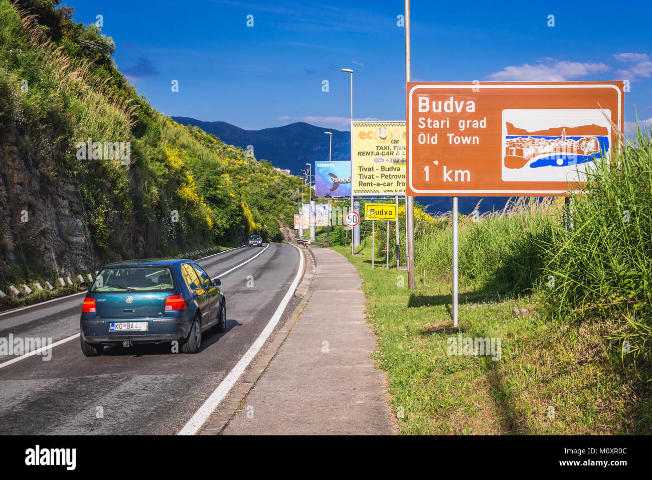 European route E80/E65 in Budva city over Adriatic Sea coast in ...