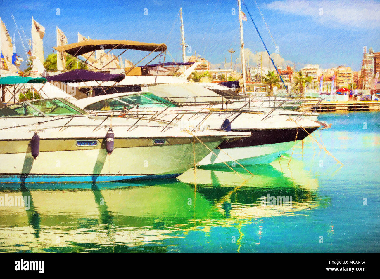 Yachts and boats parked at dock in Marina of Torrevieja. Bay with piers ...