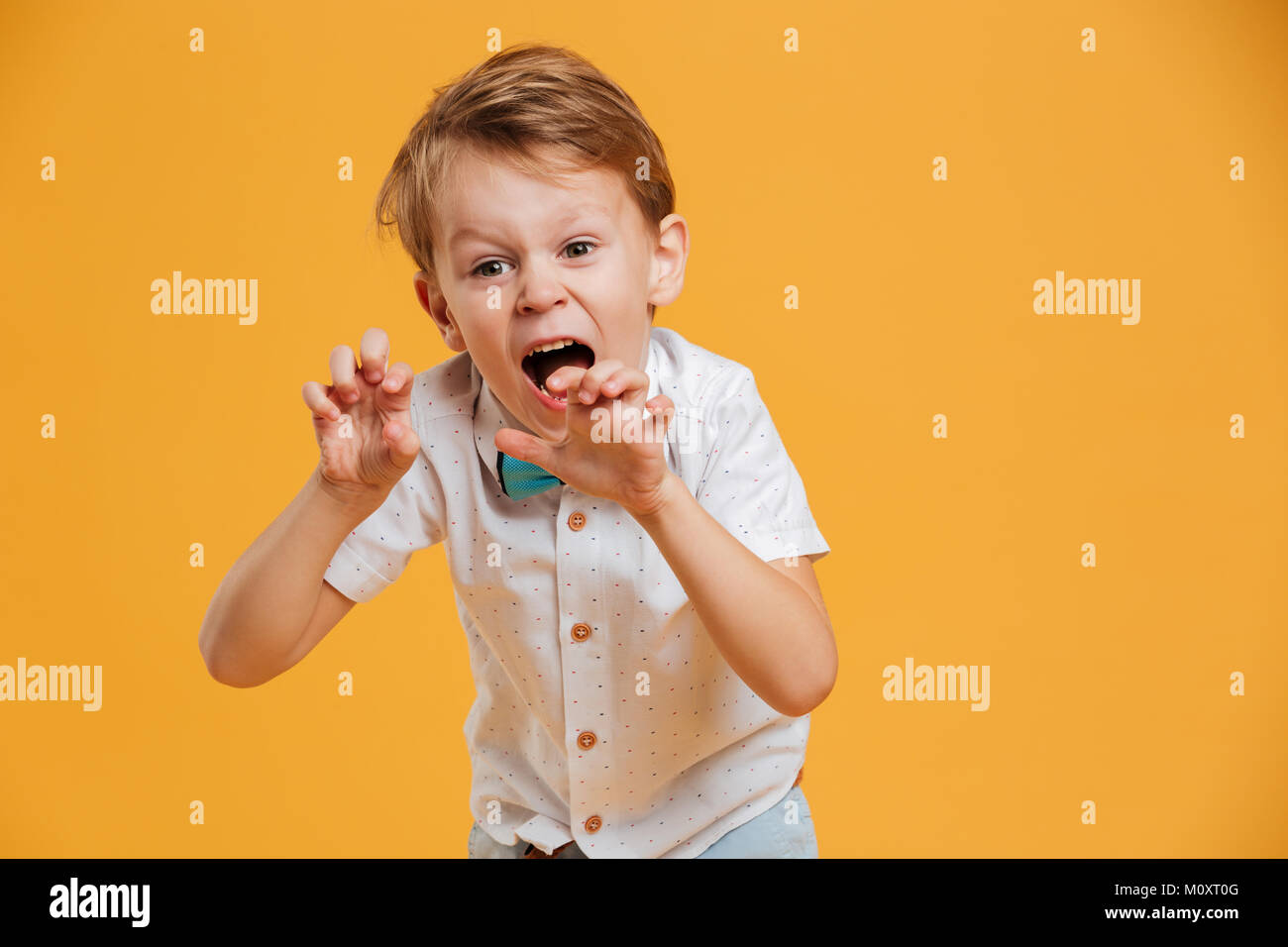 Picture of emotional screaming little boy child standing isolated over ...