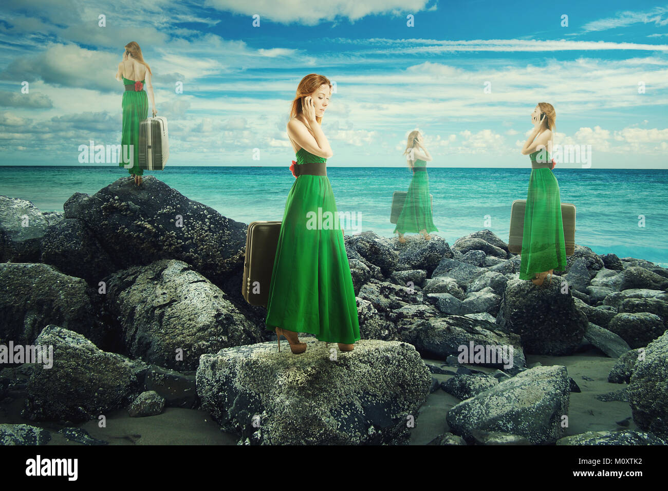 Translucent woman in green dress with suitcase walking in infinite time ...