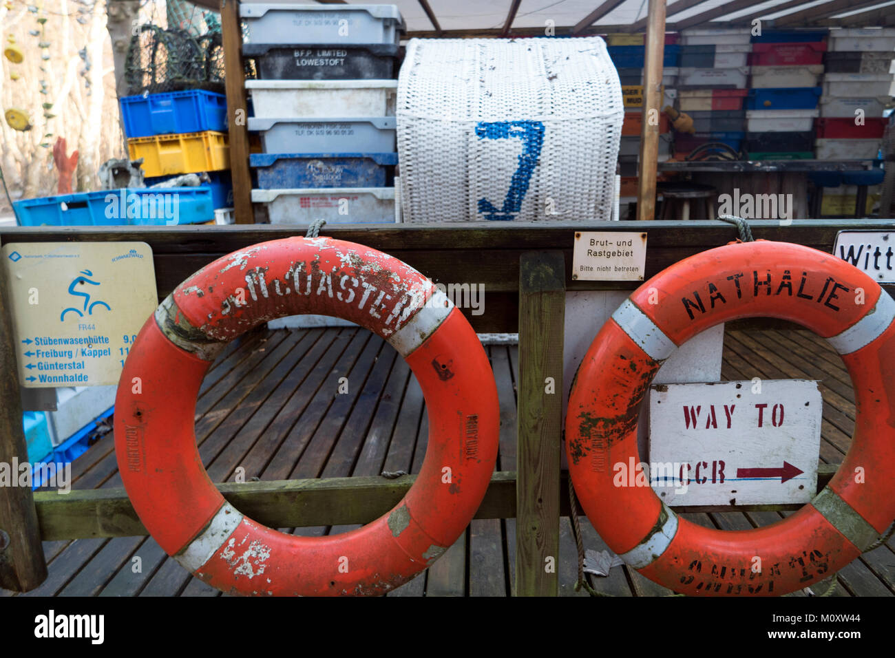 AMRUM, GERMANY - JANUARY 02, 2018: Fishing crates, buoys and other ...