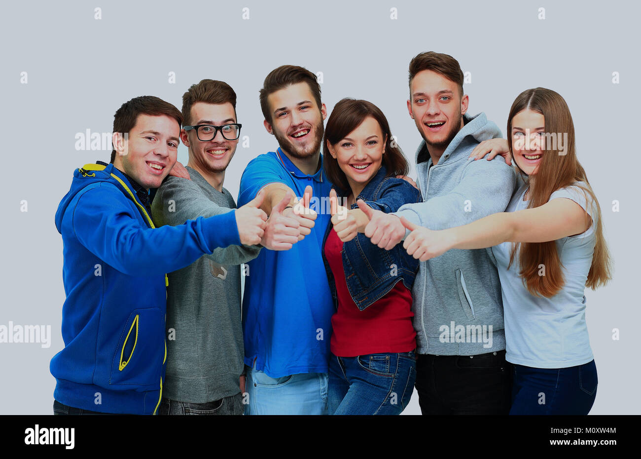 Happy joyful group of friends cheering isolated on white background ...